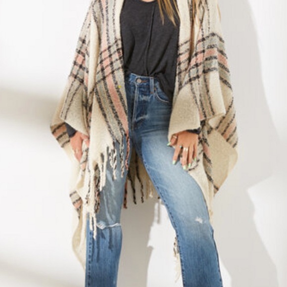 Max Studio | Sweaters | Max Studio Cream Plaid Fringe Poncho And Shrug ...
